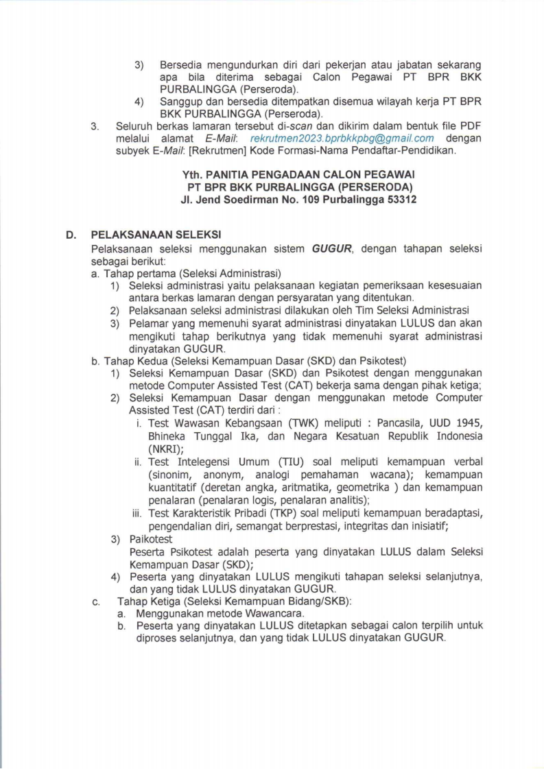 Pengadaan Calon Pegawai PT BPR BKK PURBALINGGA TAHUN 2023